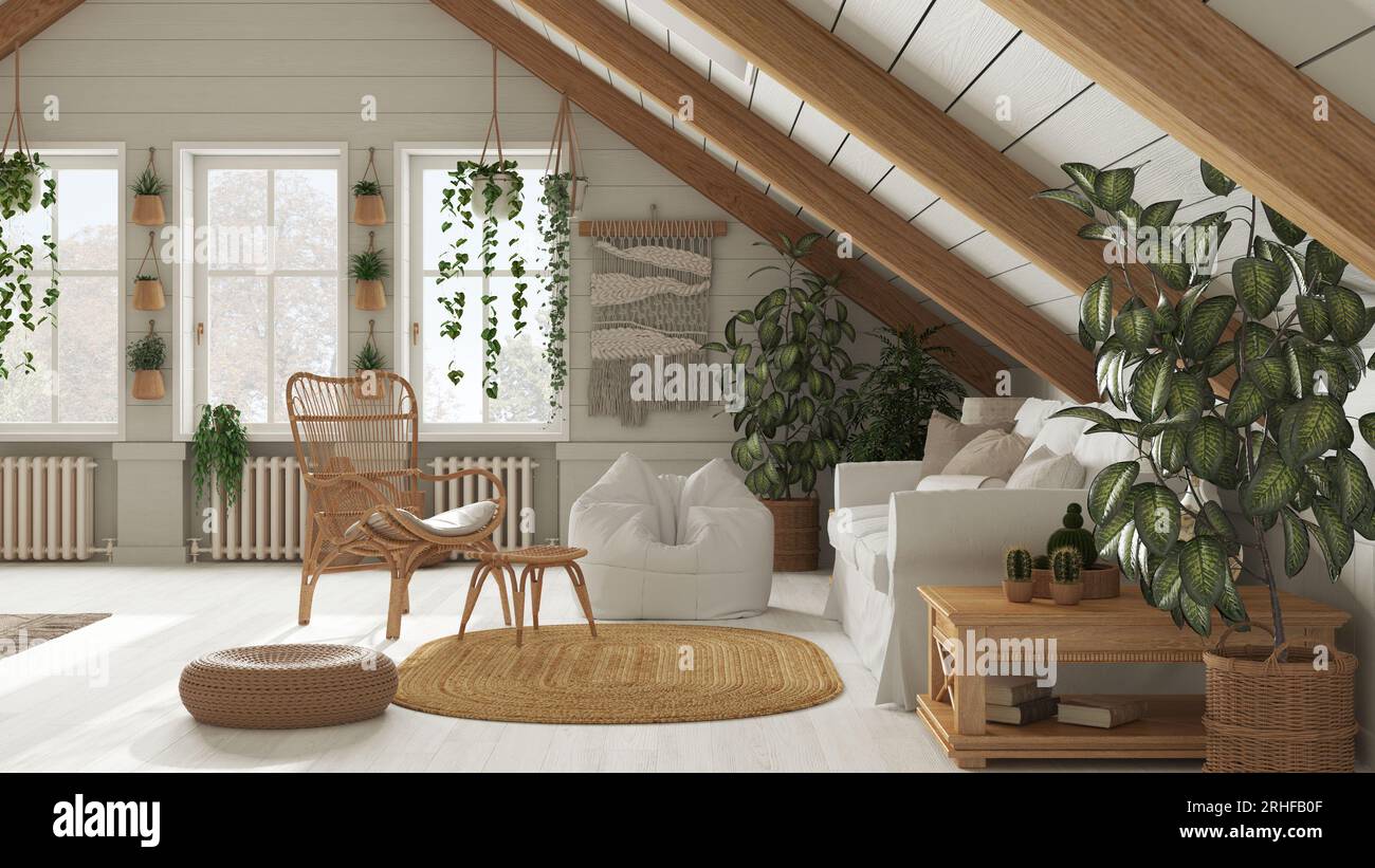 Farmhouse mezzanine living room in boho style. Sofa and rattan armchair ...