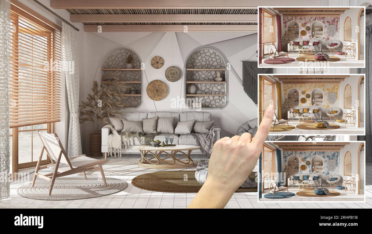 Architect designer concept, hand showing boho living room, parquet and ...