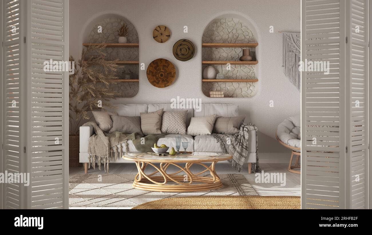 White folding door opening on country bohemian living room with rattan ...