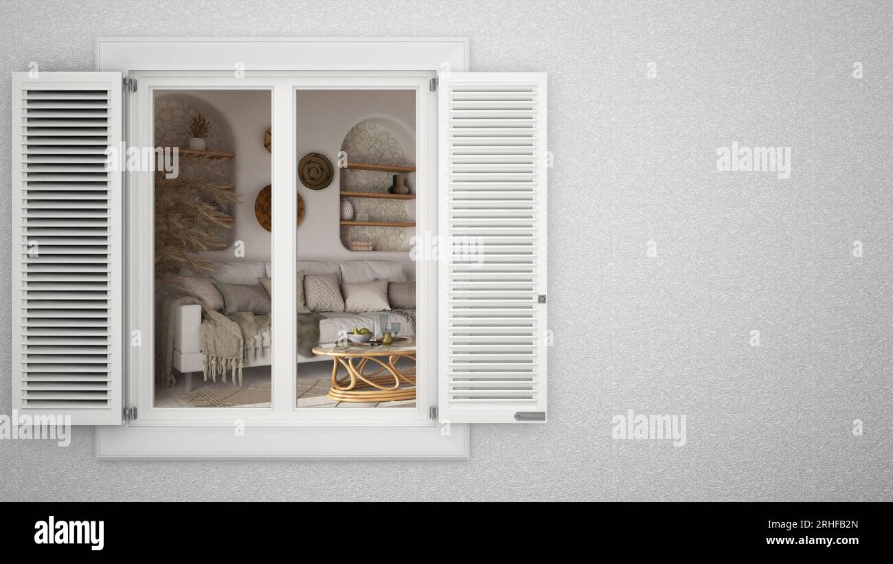 Exterior plaster wall with white window with shutters, showing bohemian ...