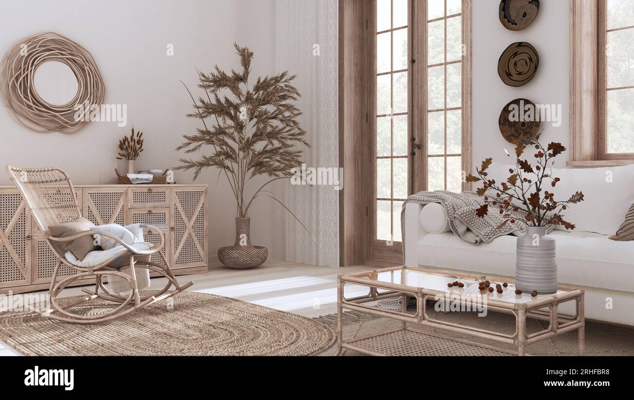 Country bohemian wooden living room in white and bleached wood tones ...