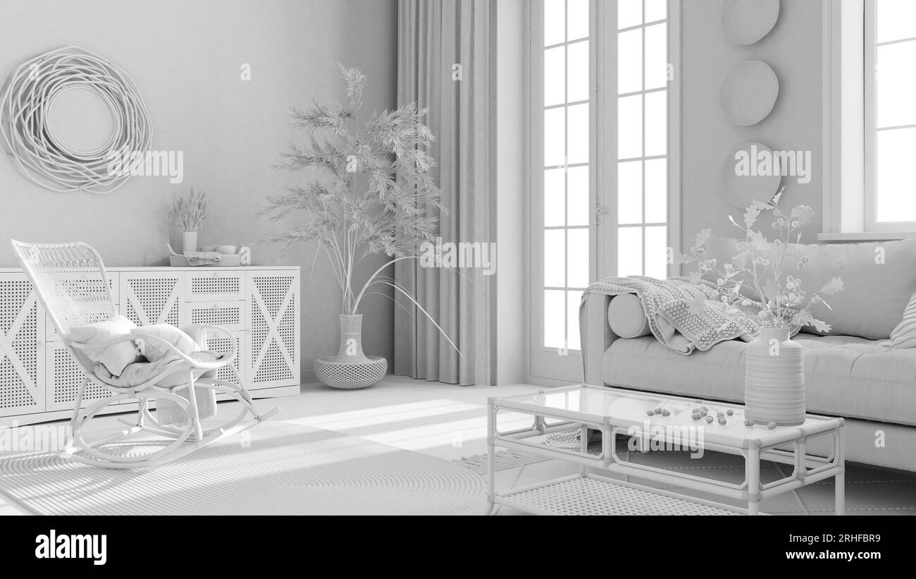 Total white project draft, country bohemian wooden living room. Sofa ...