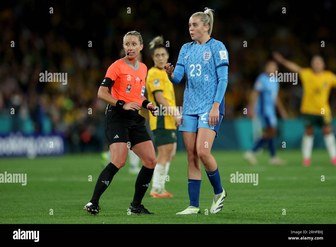 England's Alessia Russo (right) interacts with referee, Tori Penso ...