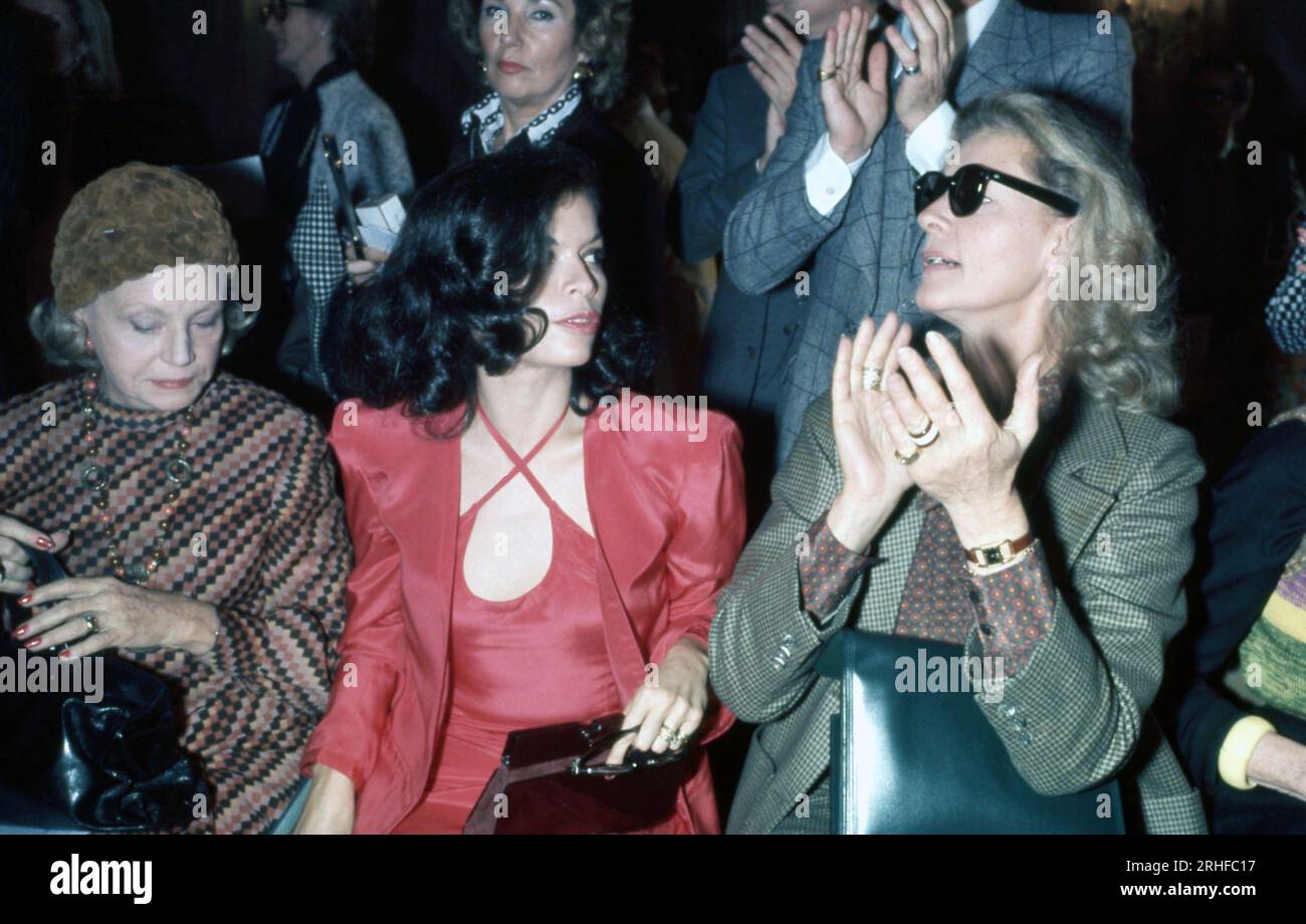 Bianca Jagger (center), Lauren Bacall (right), at an event, 1970's ...