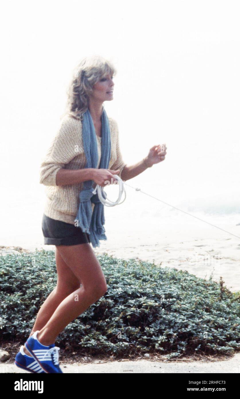 American actress Farrah Fawcett is running on the beach with her dog ...