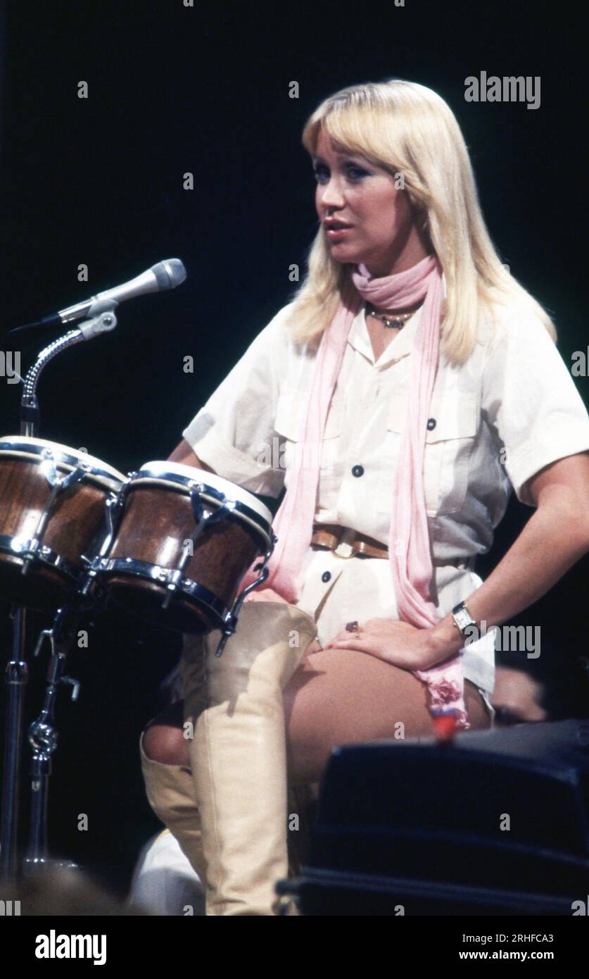 Agnetha Fältskog, a founding member of ABBA, playing percussion on ...