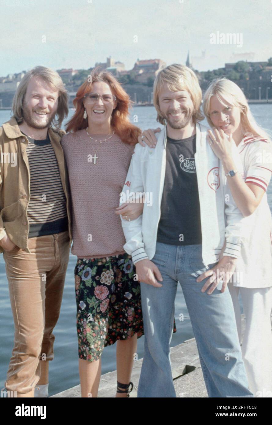 Benny Andersson, Anni-Frid Lyngstad, Agnetha Faltskog, and Bjorn Ulvaeus of ABBA, in a group ...