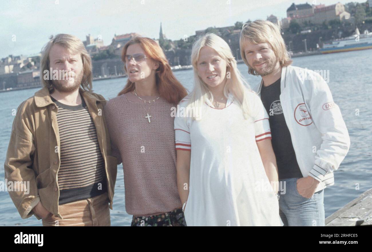 Benny Andersson, Anni-Frid Lyngstad, Agnetha Faltskog, and Bjorn Ulvaeus of ABBA, in a group ...