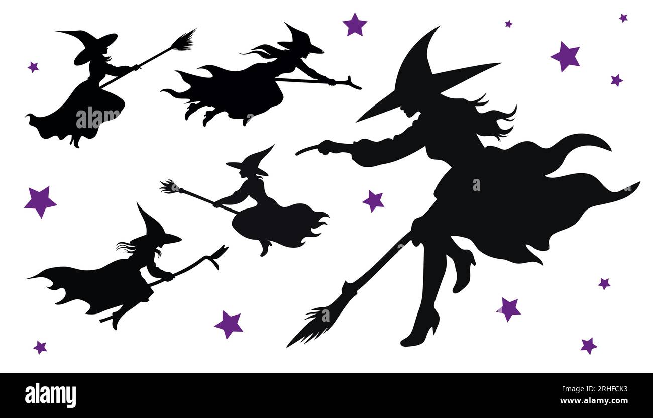 Silhouette witches flying on a broom maggic, with a white background ...