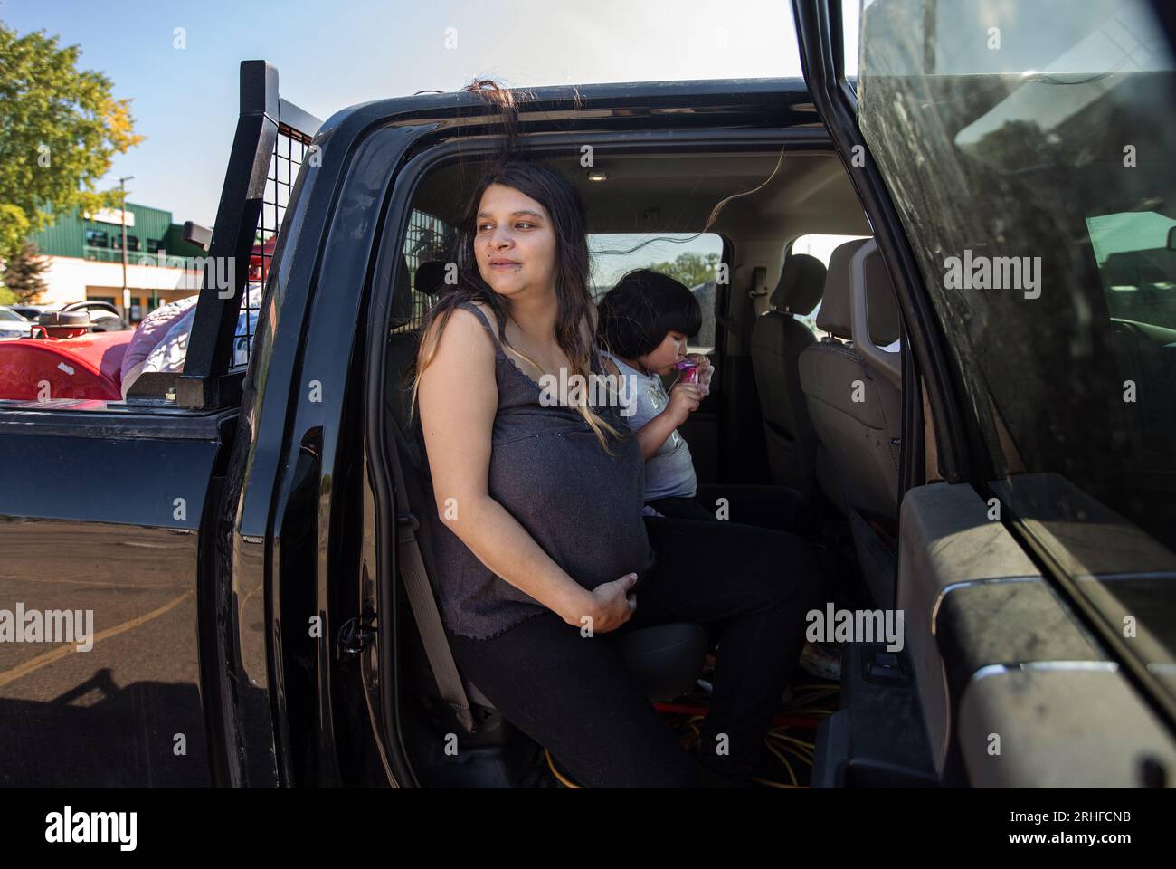 Edmonton, Canada. 16th Aug, 2023. Hay River fire evacuee Tanisha Edison ...