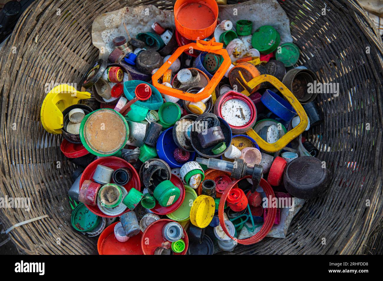 Colorful plastic bottle caps for recycling, Dhaka, Bangladesh Stock ...