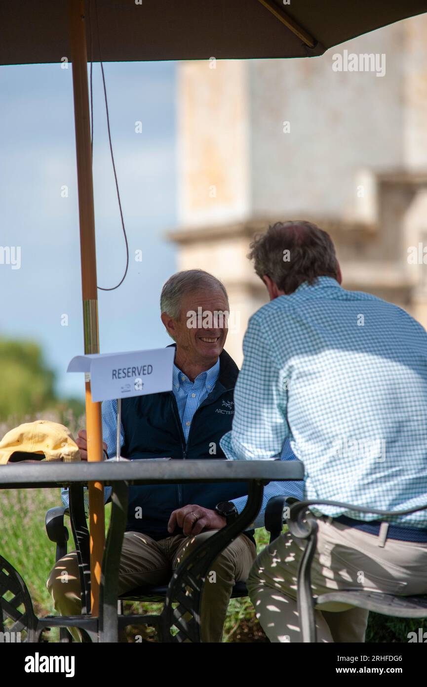 Stamford, UK. 16th Aug, 2023. Broadcaster Rupert Bell interviewing ...