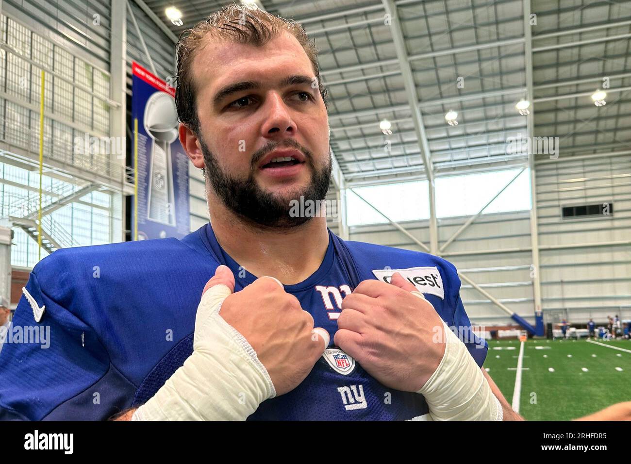 New York Giants offensive lineman Ben Bredeson speaks with reporters ...