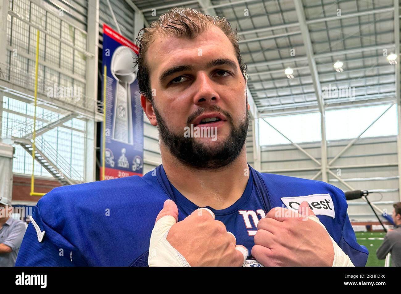 New York Giants offensive lineman Ben Bredeson speaks with reporters ...