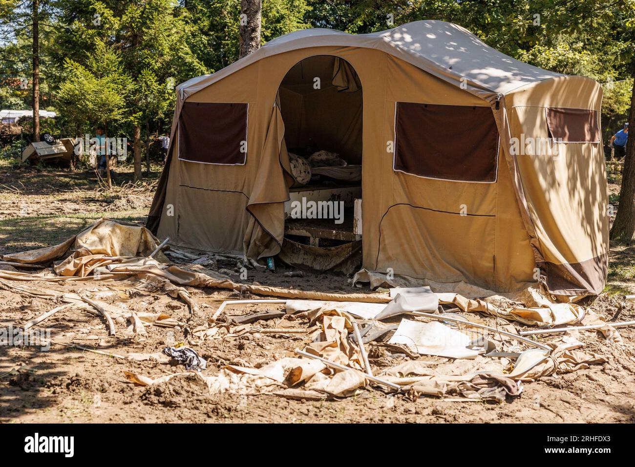 Recica Ob Savinji, Slovenia. 14th Aug, 2023. A destroyed tent is seen ...