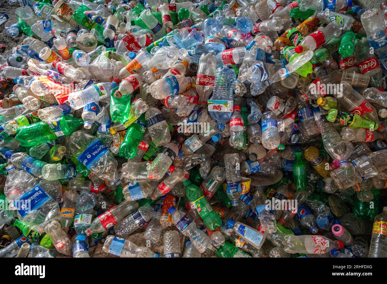 Different types of plastic bottles gathered for recycling in Dhaka ...
