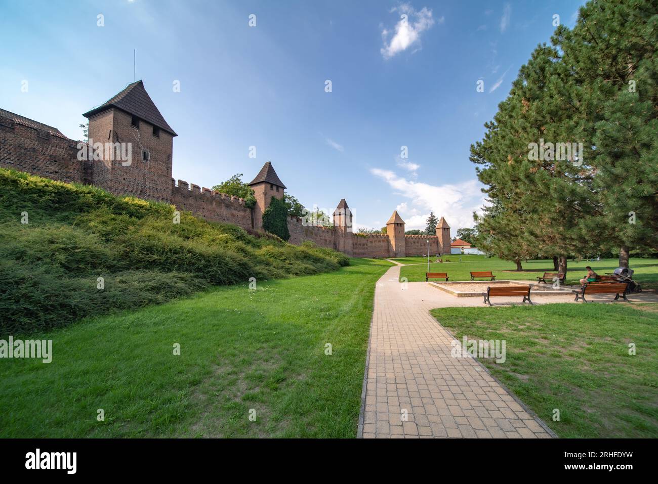 Medieval town walls with watchtowers of the town of Nymburk, Central ...