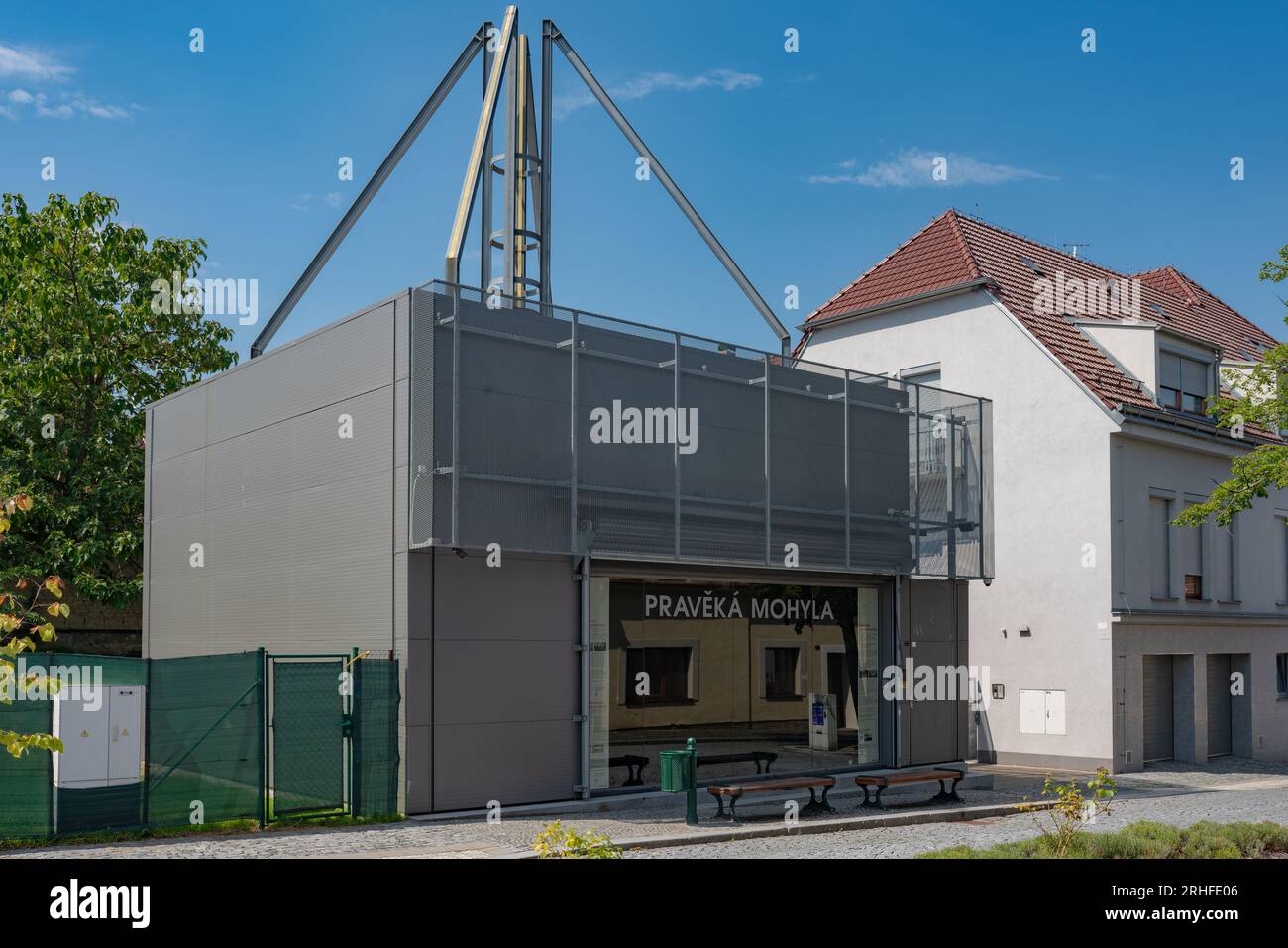 Excavated eneolithic funnel beaker barrow in Nymburk, Czechia. Modern ...