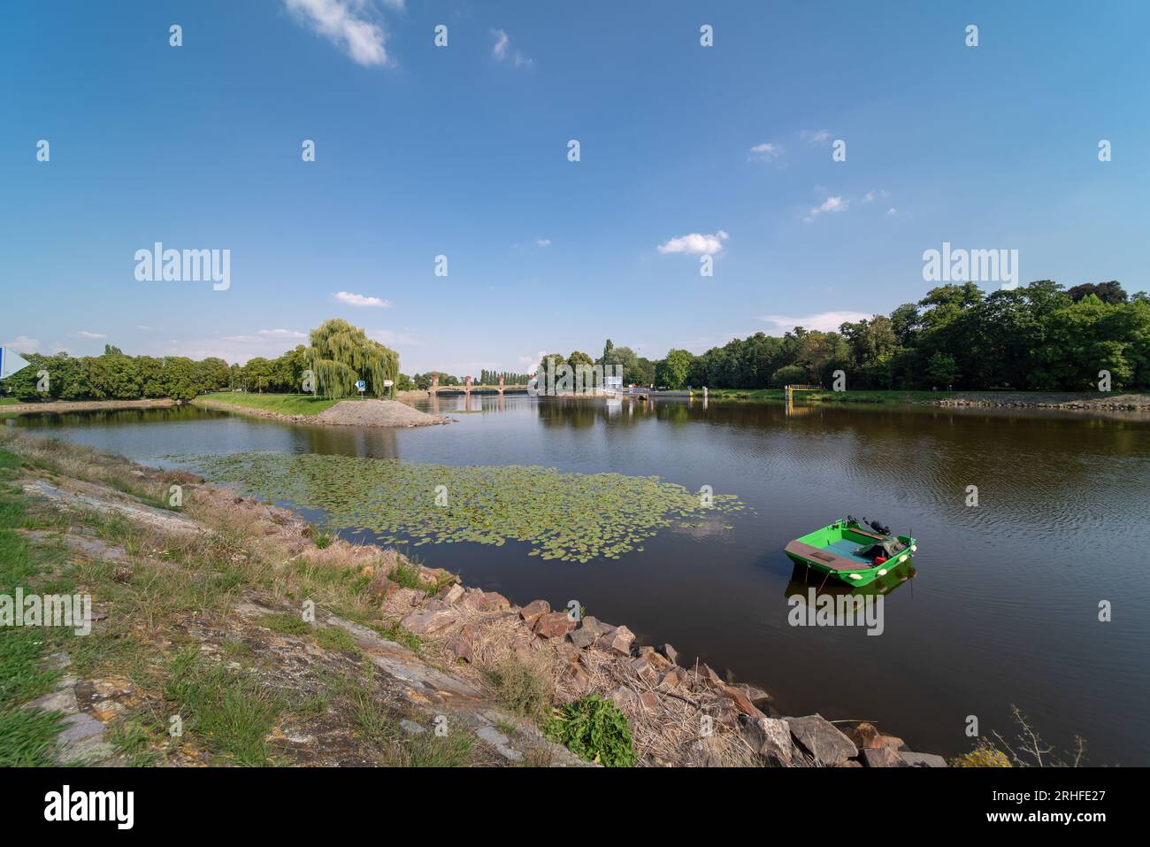 River Elbe in the center of the town of Nymburk, with a small cove and ...