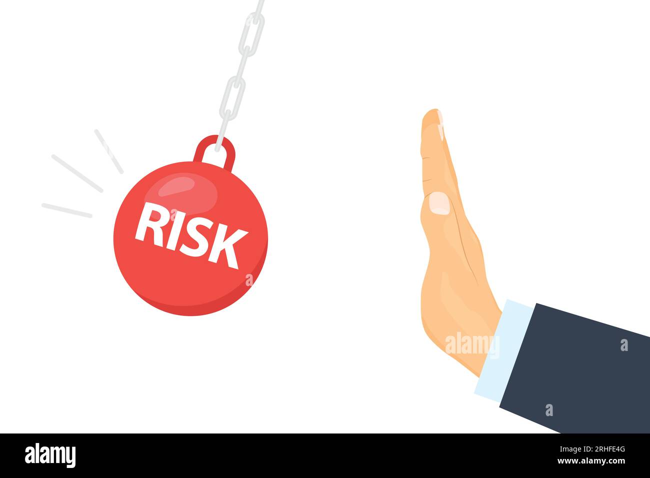 businessman hand making stop gesture against wrecking ball symbolizing ...