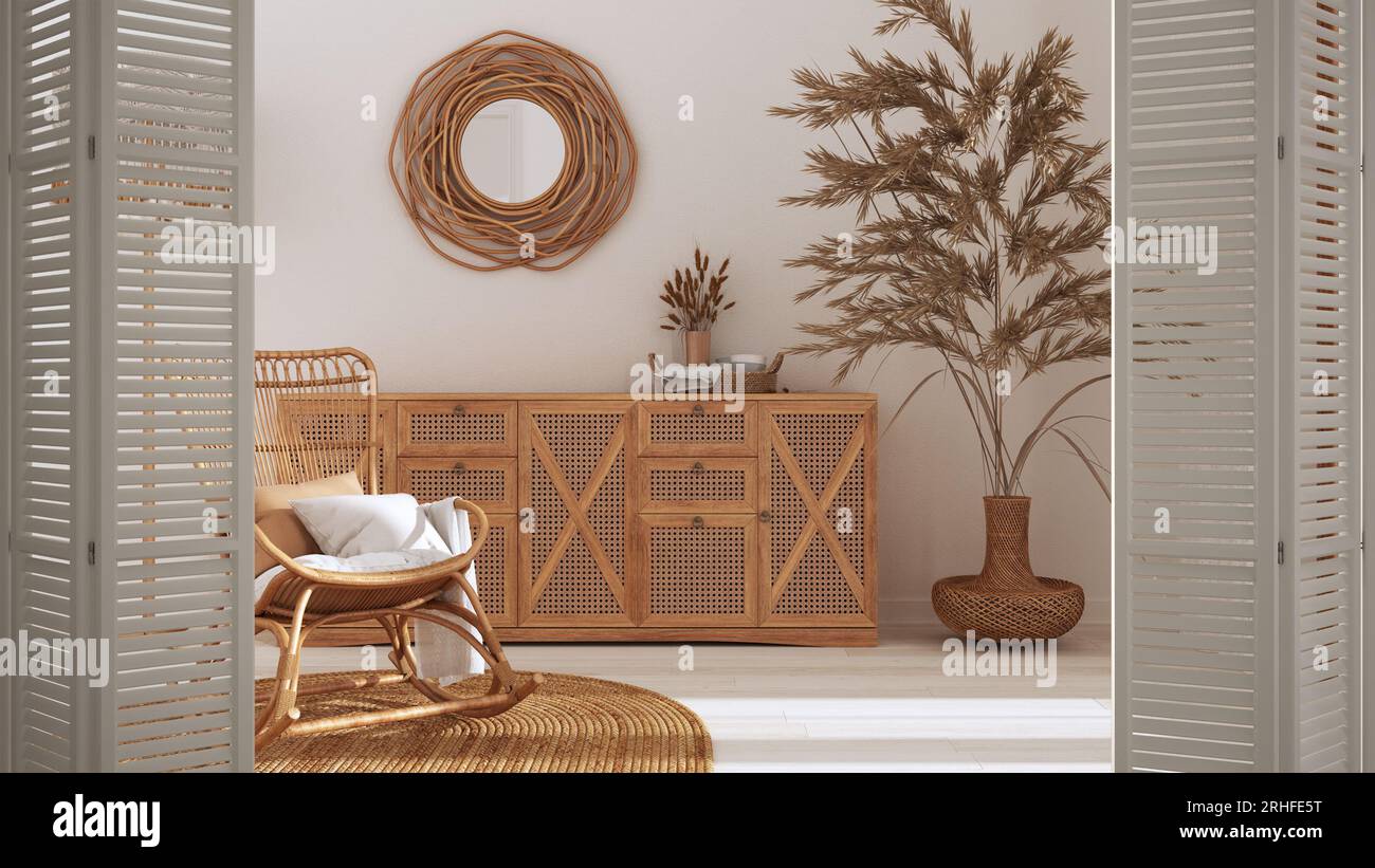 White folding door opening on country bohemian living room with rattan ...