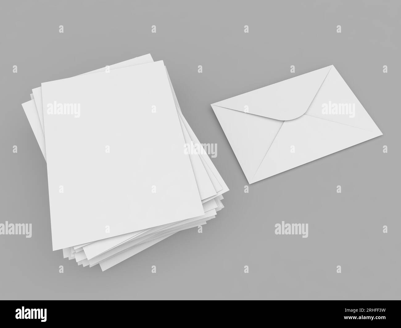 A stack of A4 paper and envelope on a gray table. 3d render ...