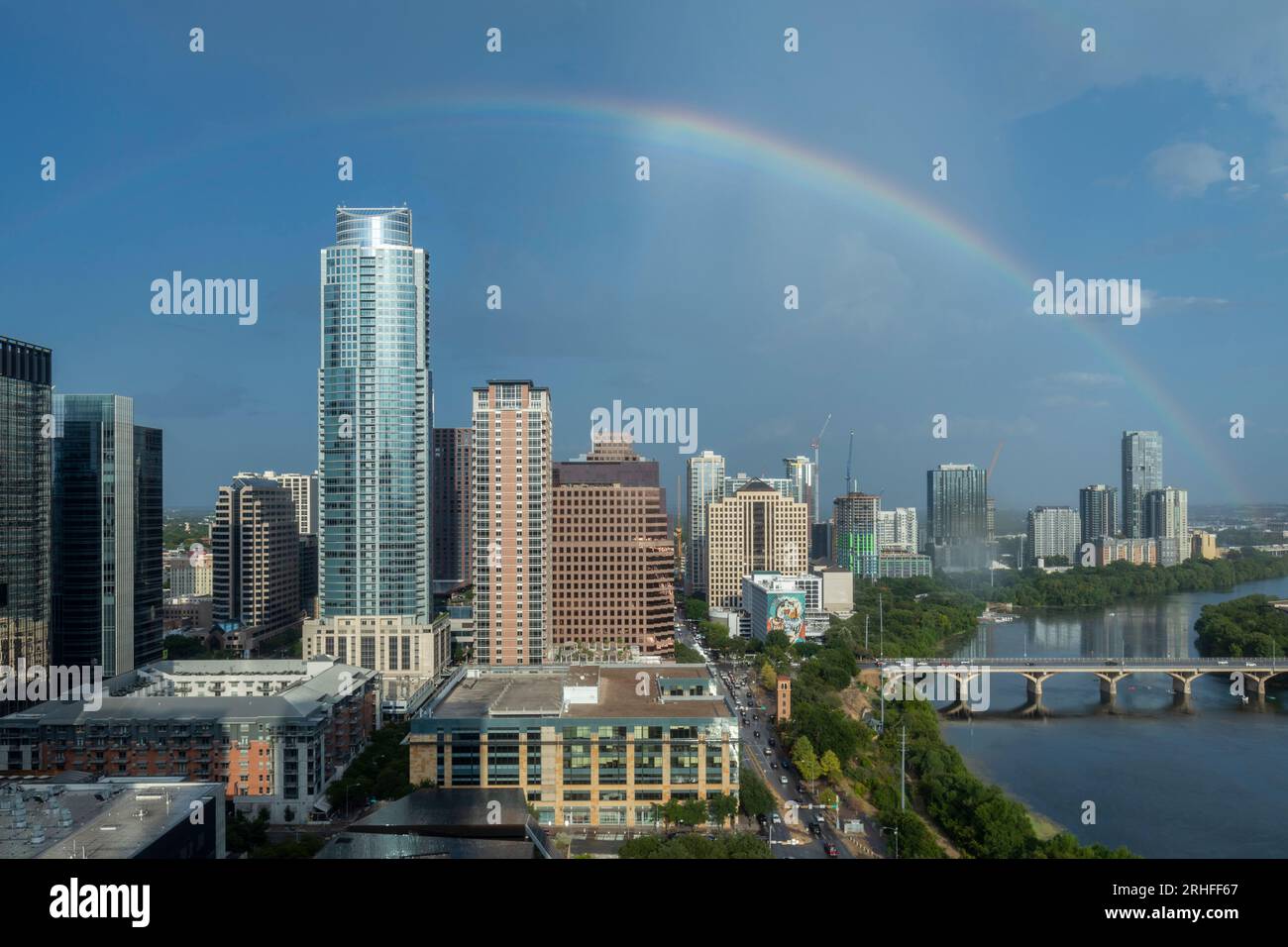 Rainbow over Austin Skyline and Rainey Street district of Austin, Texas ...