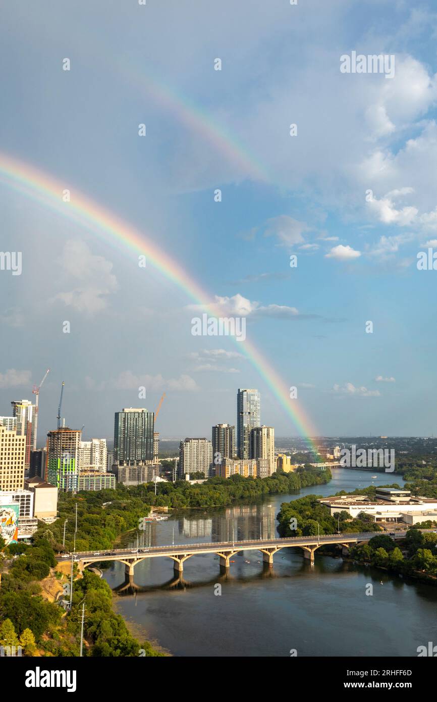 Rainbow over Rainey Street district of Austin, Texas with Ladybird Lake ...