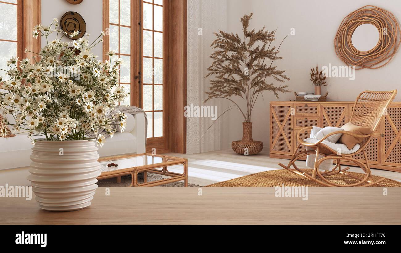 Wooden table top or shelf with pottery vase with daisies, wild flowers ...
