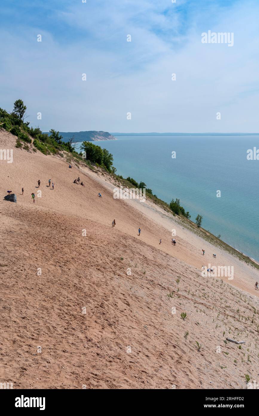 Hikers at Sleeping Bear Overlook along Pierce Stocking Scenic Drive in Sleeping Bear National ...