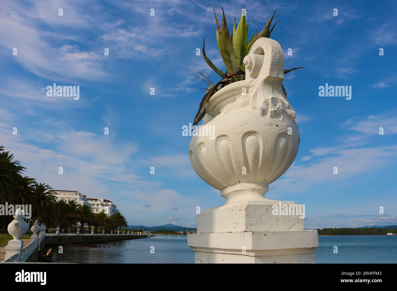 Landscape view of the Arousa estuary with a white painted urn shaped ...