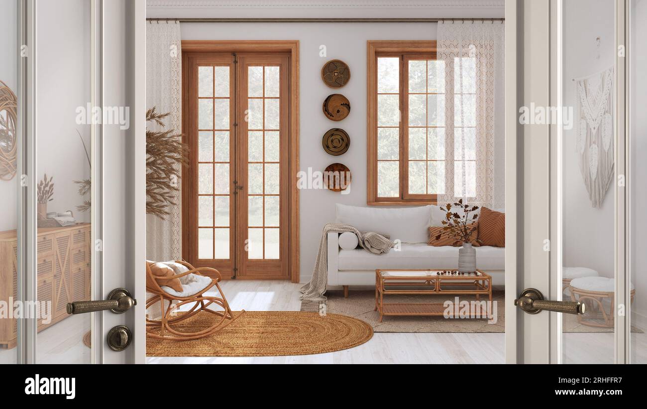Classic white glass door opening on bohemian wooden living room in boho ...