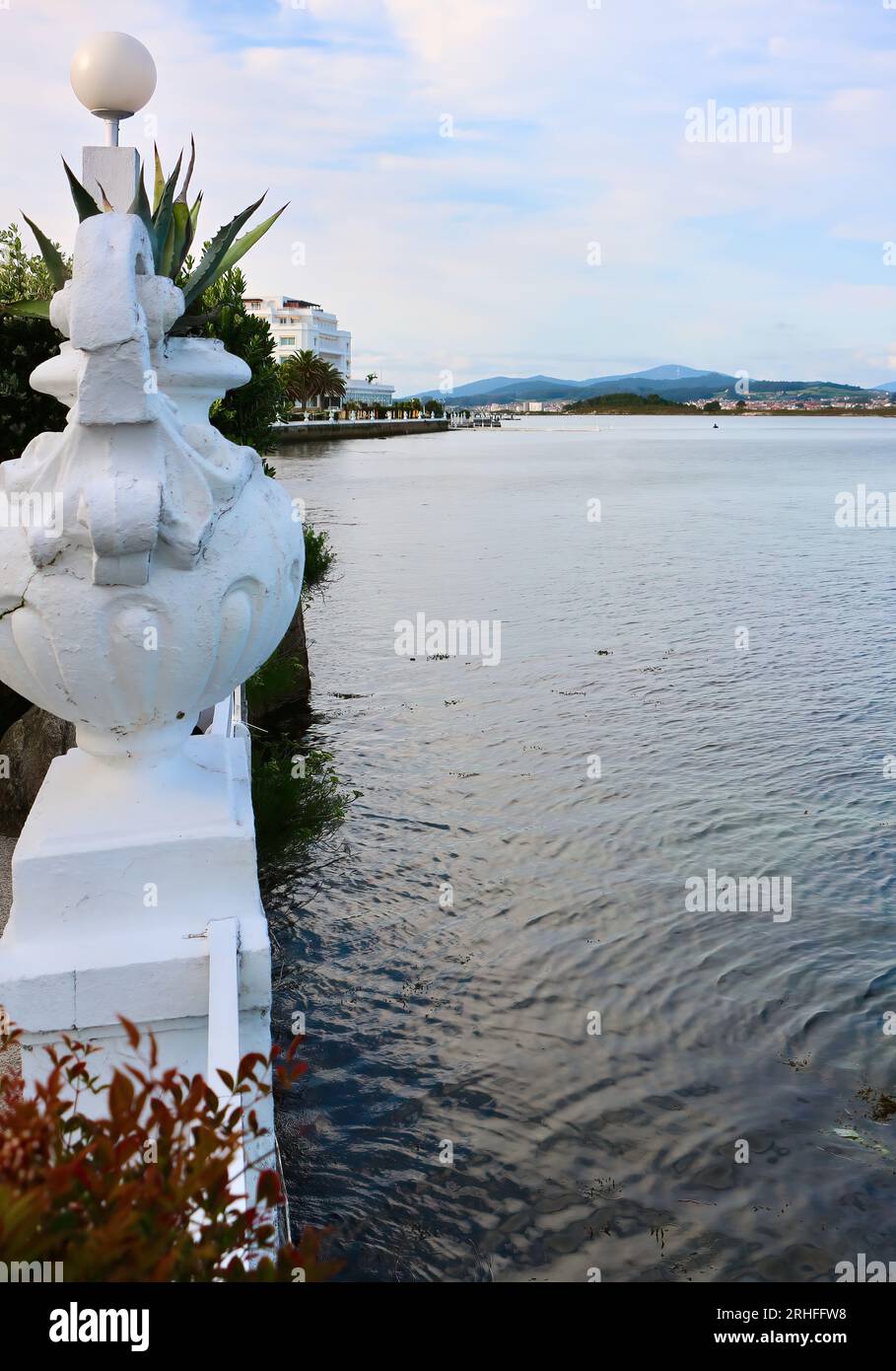 Landscape view of the Arousa estuary with a white painted urn shaped ...