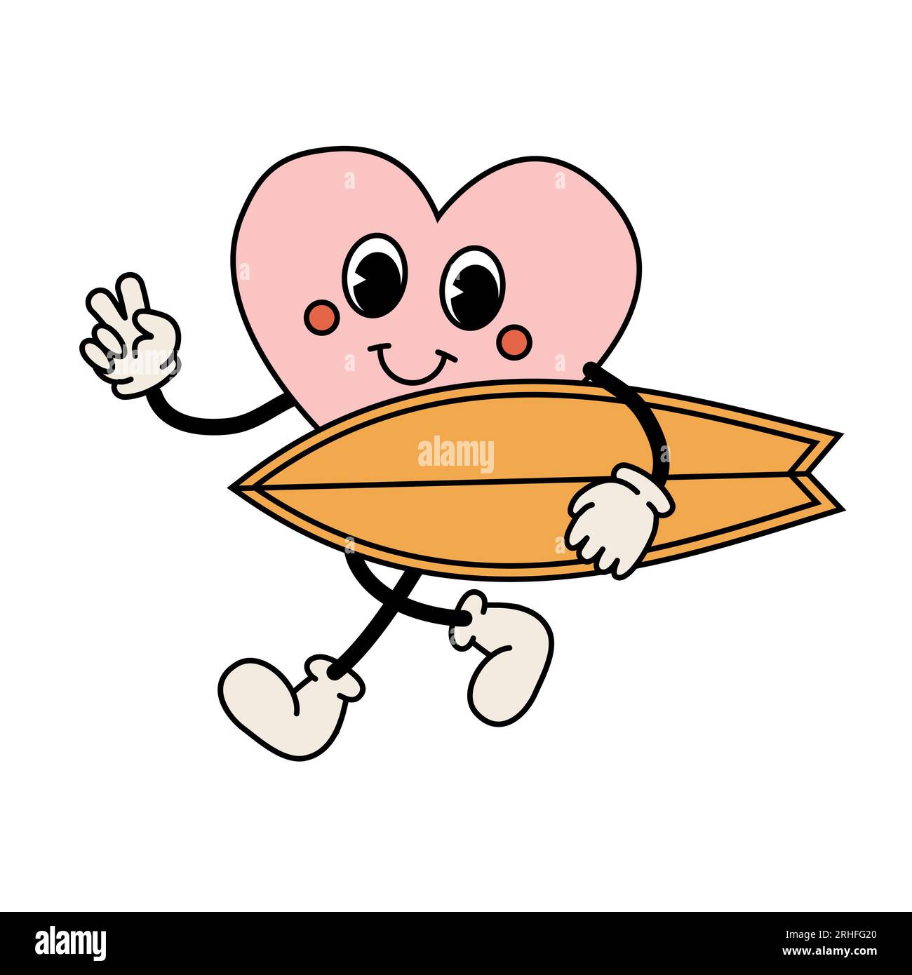 Vector retro groovy cartoon heart with surf board isolated on white ...