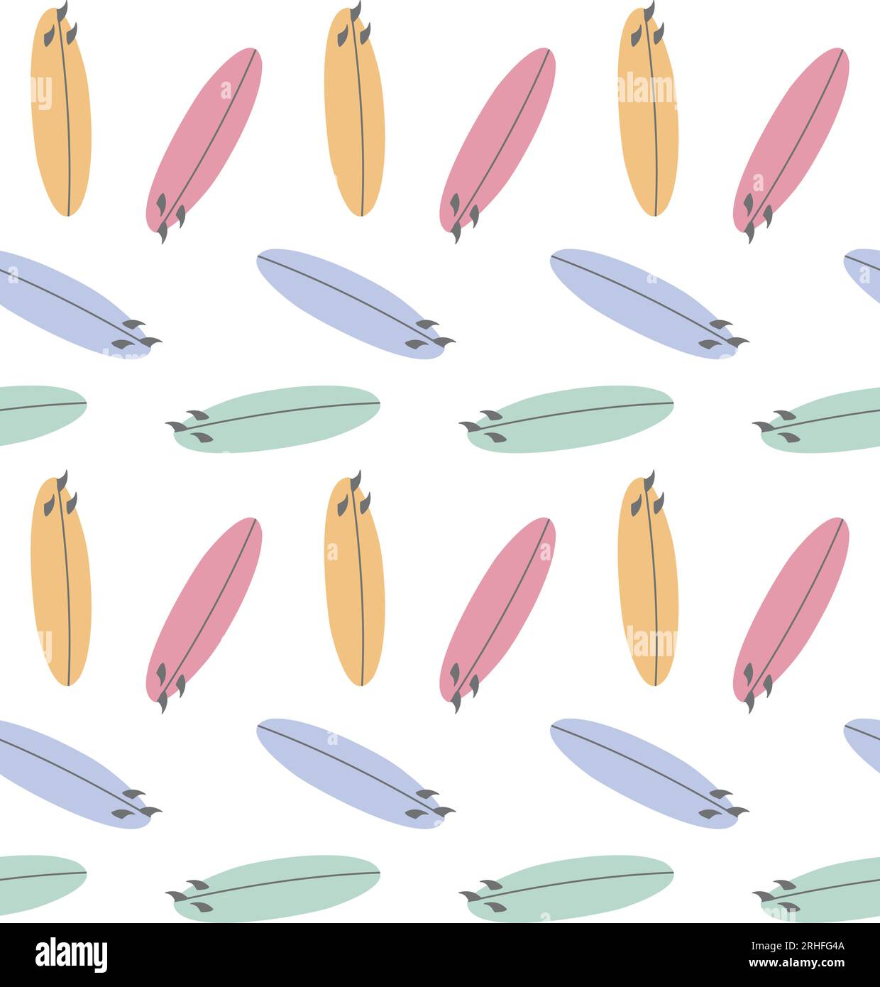 Vector seamless pattern of different color hand drawn flat surfboard isolated on white ...