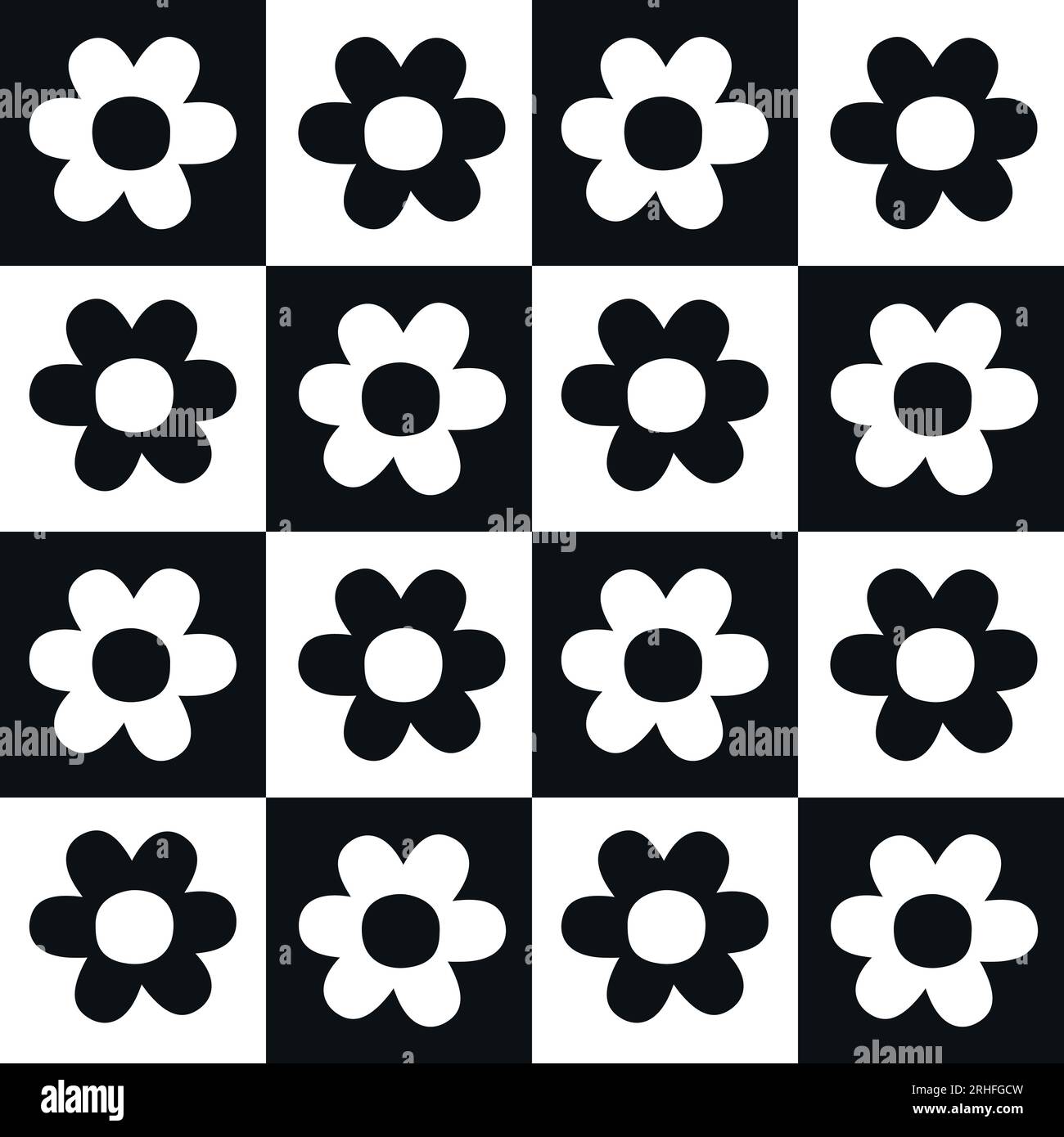Vector seamless pattern of black groovy retro flower isolated on white checkered chessboard ...