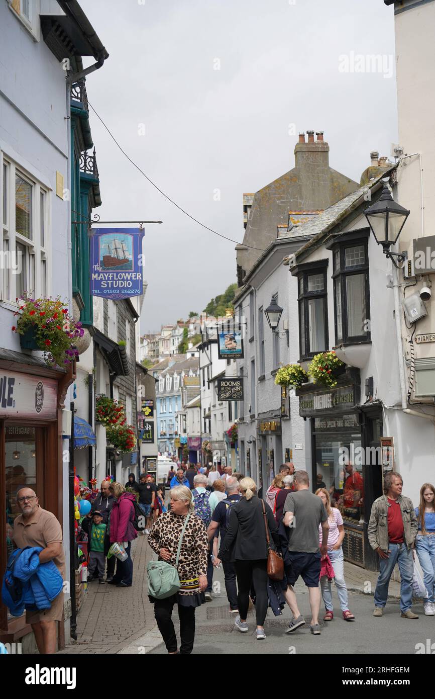 Looe, UK - August 2023: Tourists and locals shopping at Looe Fore ...