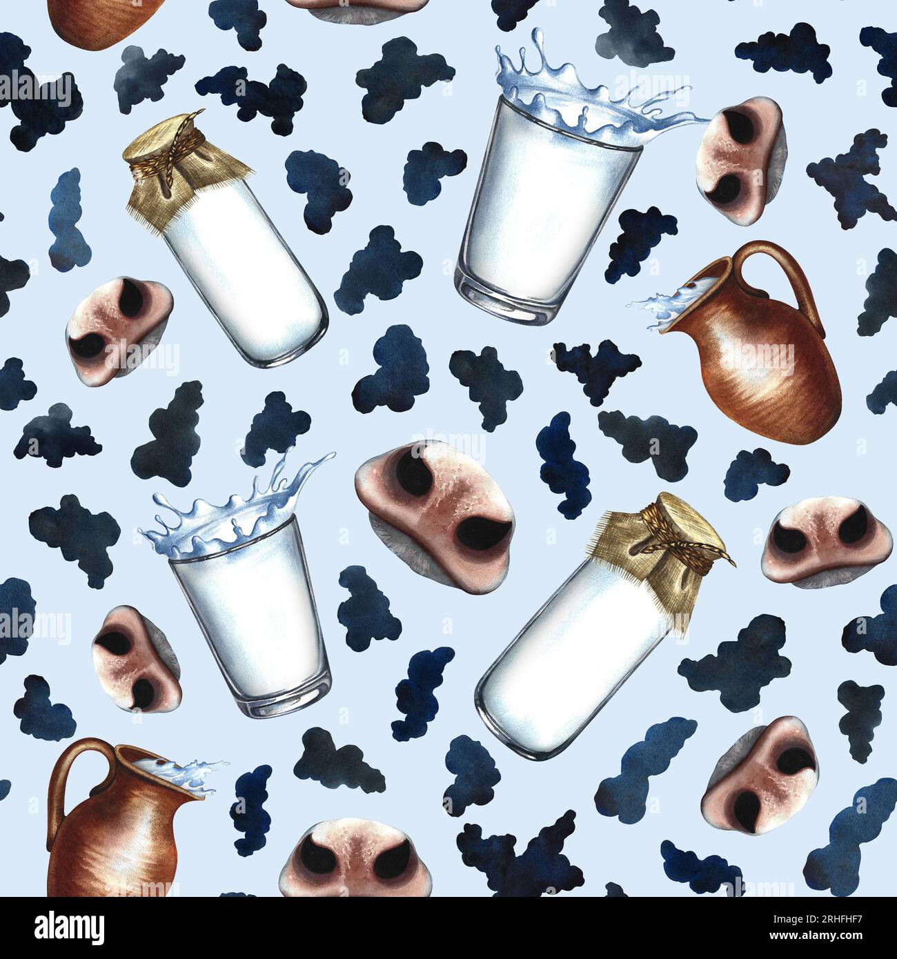 Seamless pattern with noses and spots of dairy cows. On a blue ...