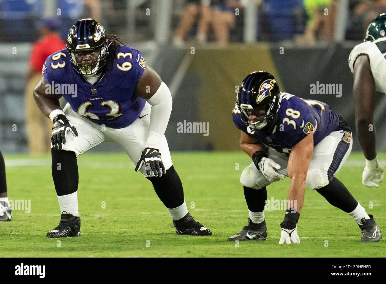 Baltimore Ravens guard Tykeem Doss (63) and fullback Ben Mason (38 ...