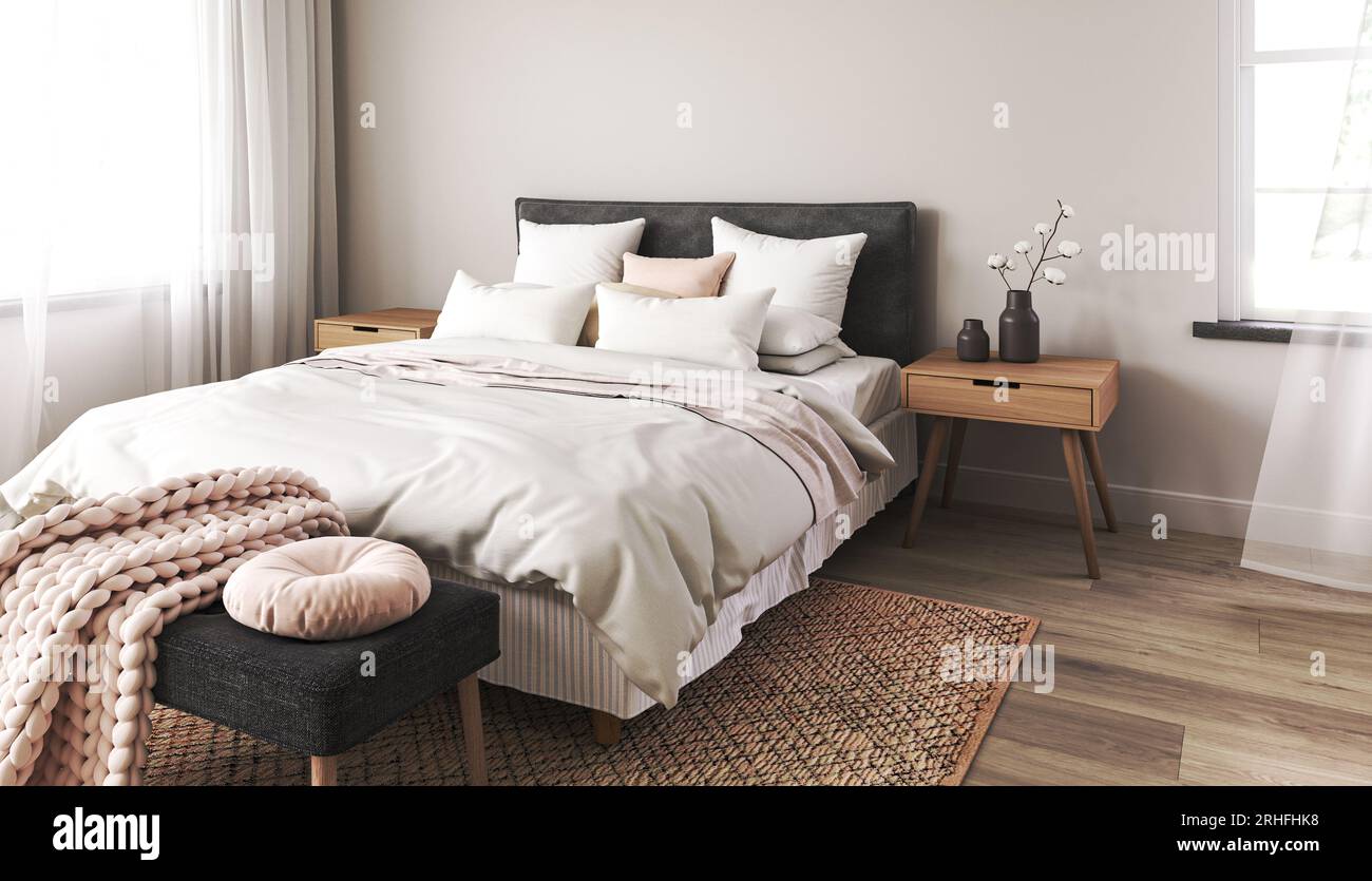 Scandinavian hamptons white bedroom interior design. Wooden farmhouse ...