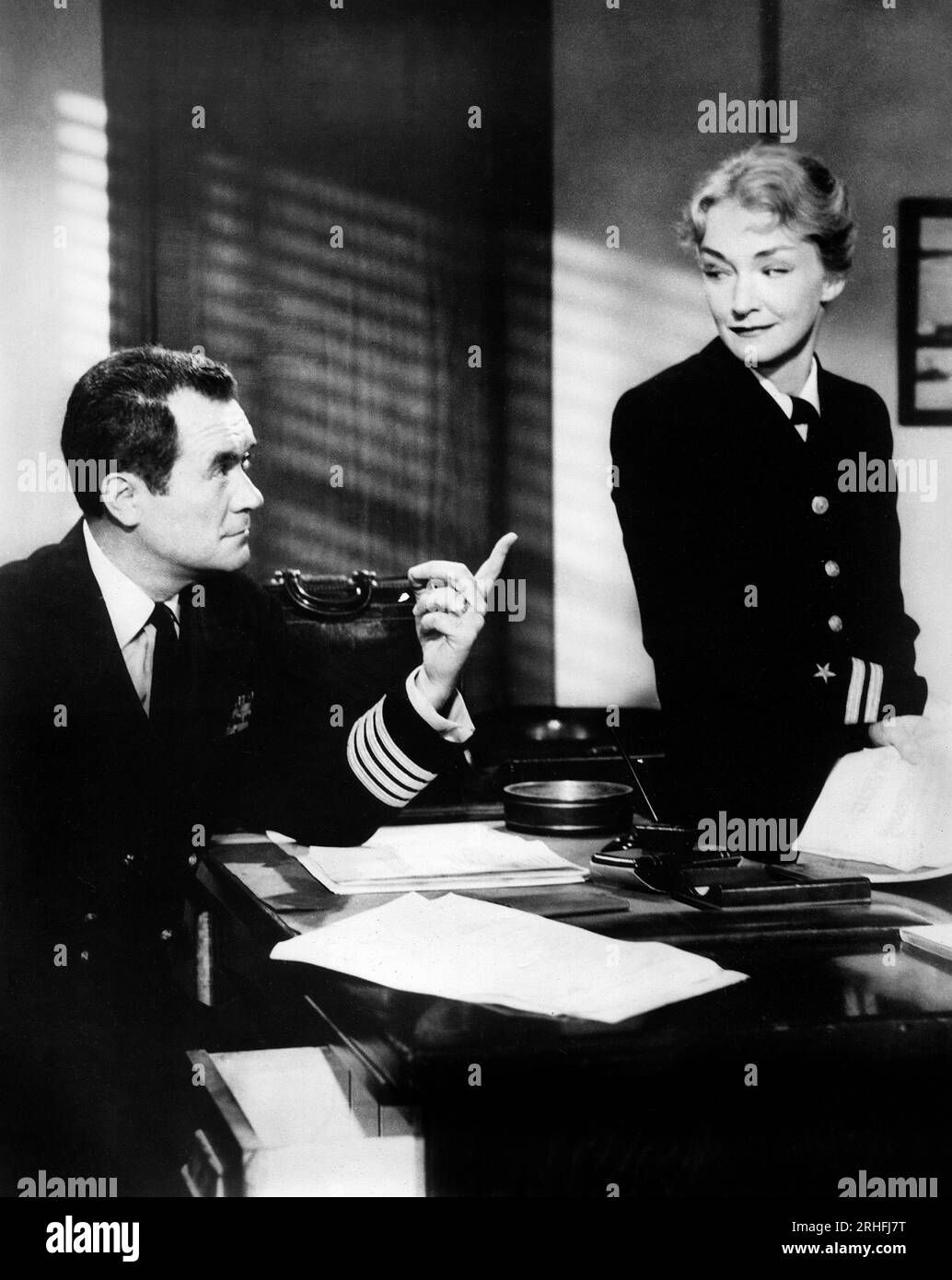 Frank Lovejoy, Nina Foch, on-set of the Film, "Three Brave Men", 20th Century-Fox, 1956 Stock ...