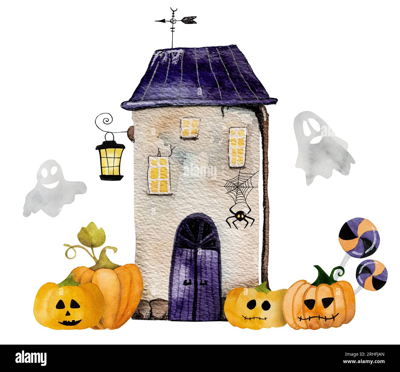 Halloween art watercolor illustration with ghost house and pumpkin for ...