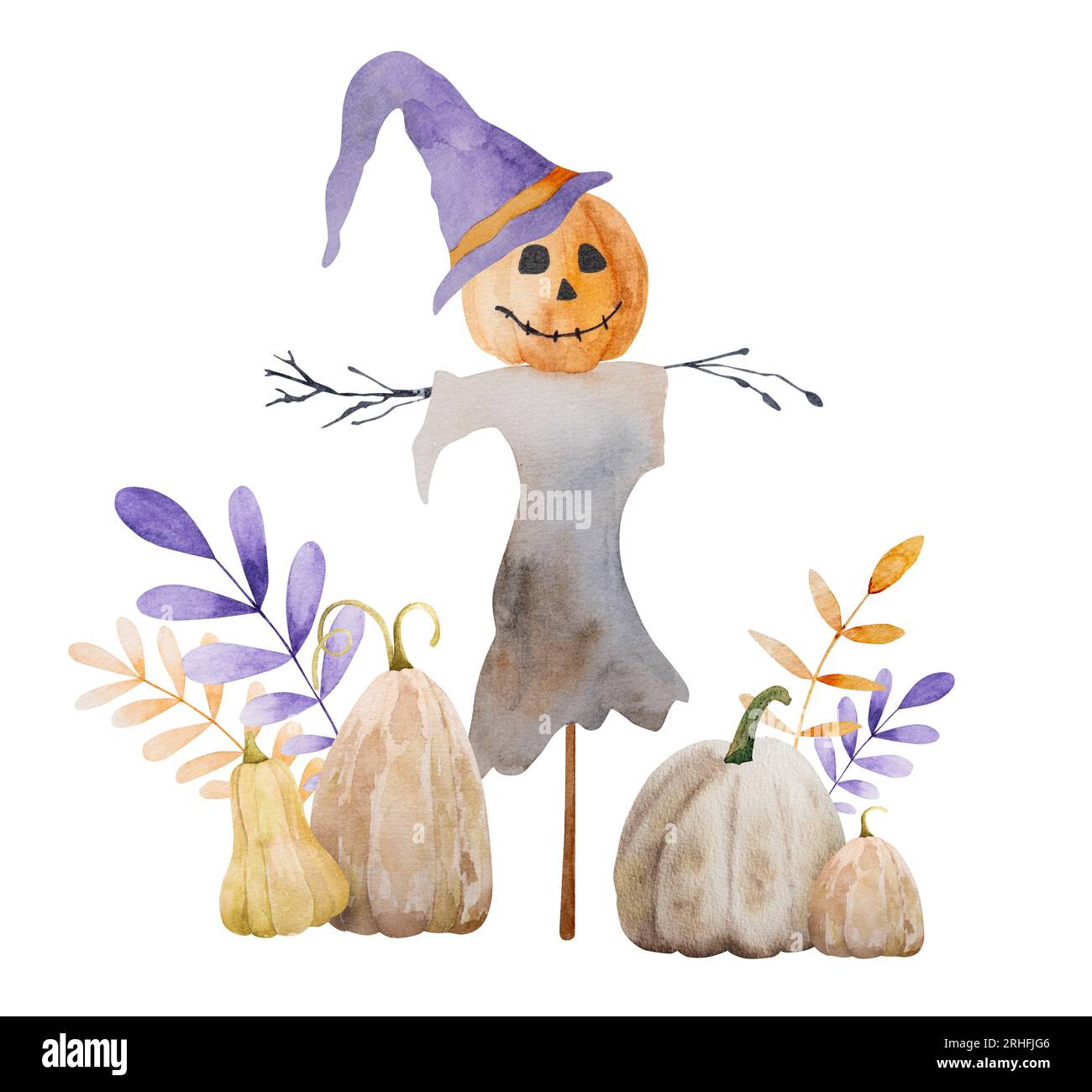 Halloween spooky scarecrow with pumpkin head and boo text watercolor ...
