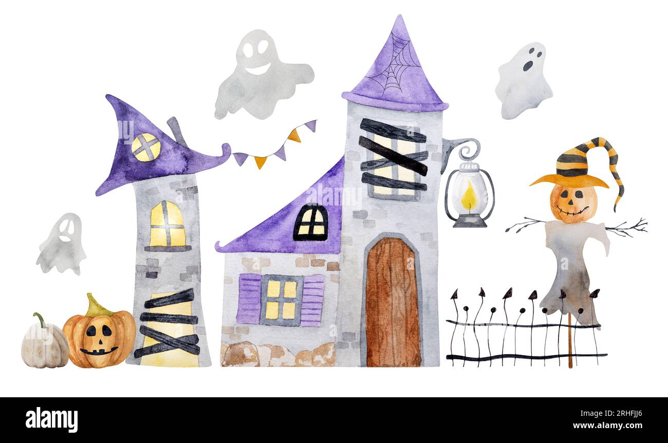 Halloween house with bats and lollipops watercolor art. Creepy autumn ...