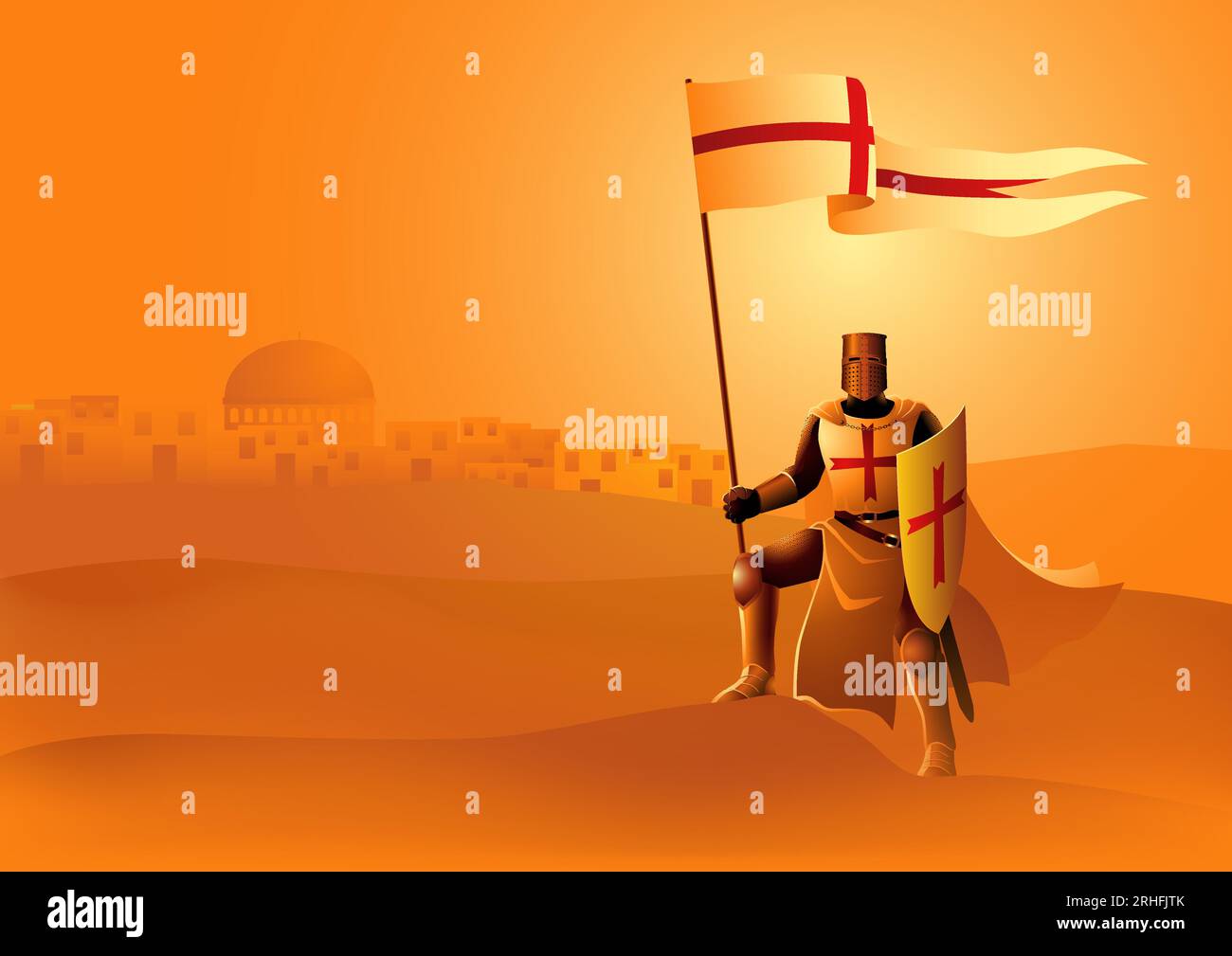 Vector Illustration Of Templar Knight Holding A Flag And Shield Stock
