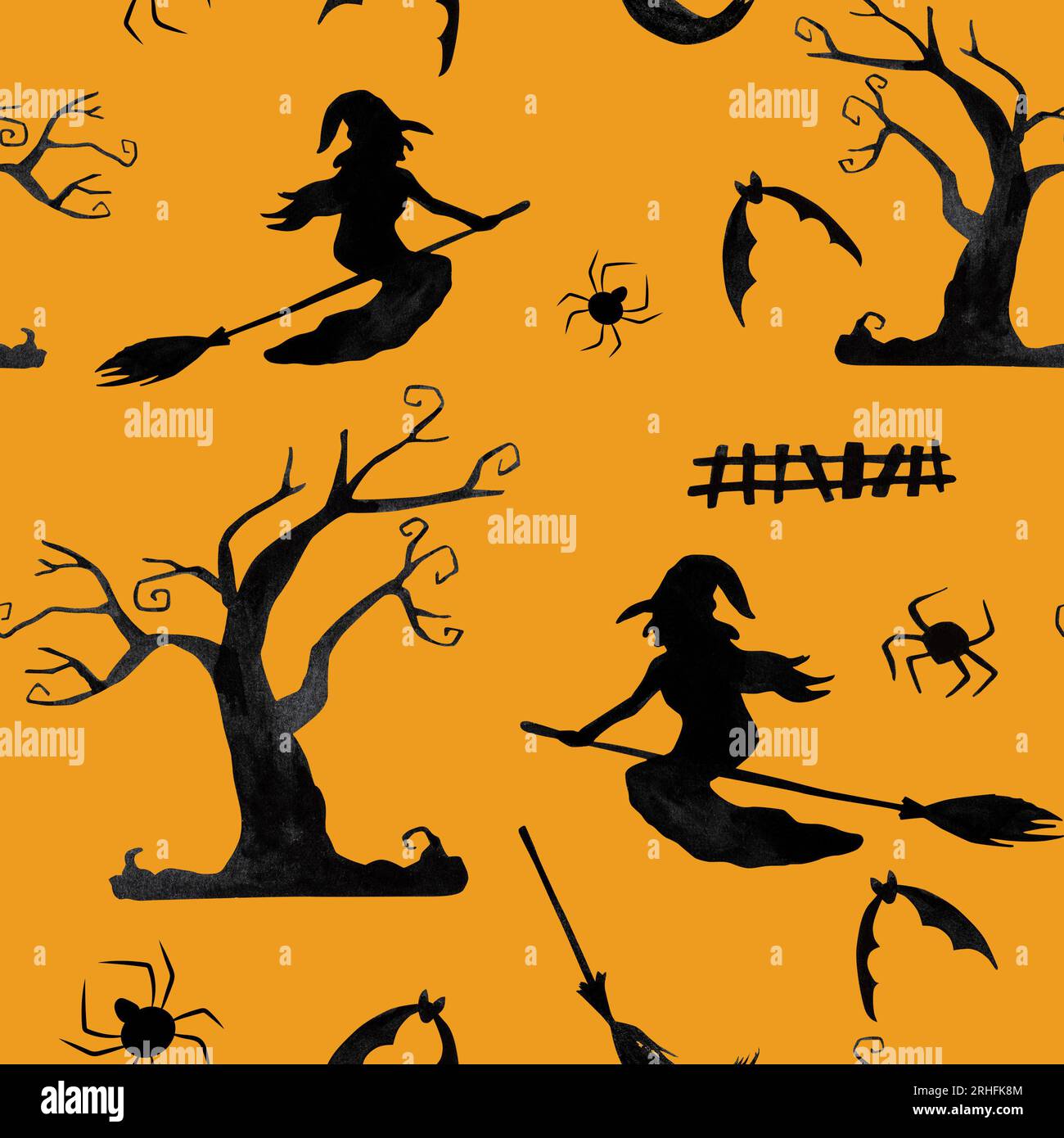 Halloween creepy tree and witch on broom with spiders watercolor ...