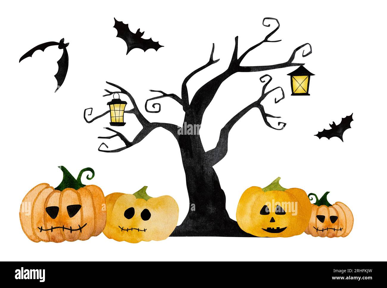 Halloween art watercolor illustration with pumpkin, bats and creepy ...