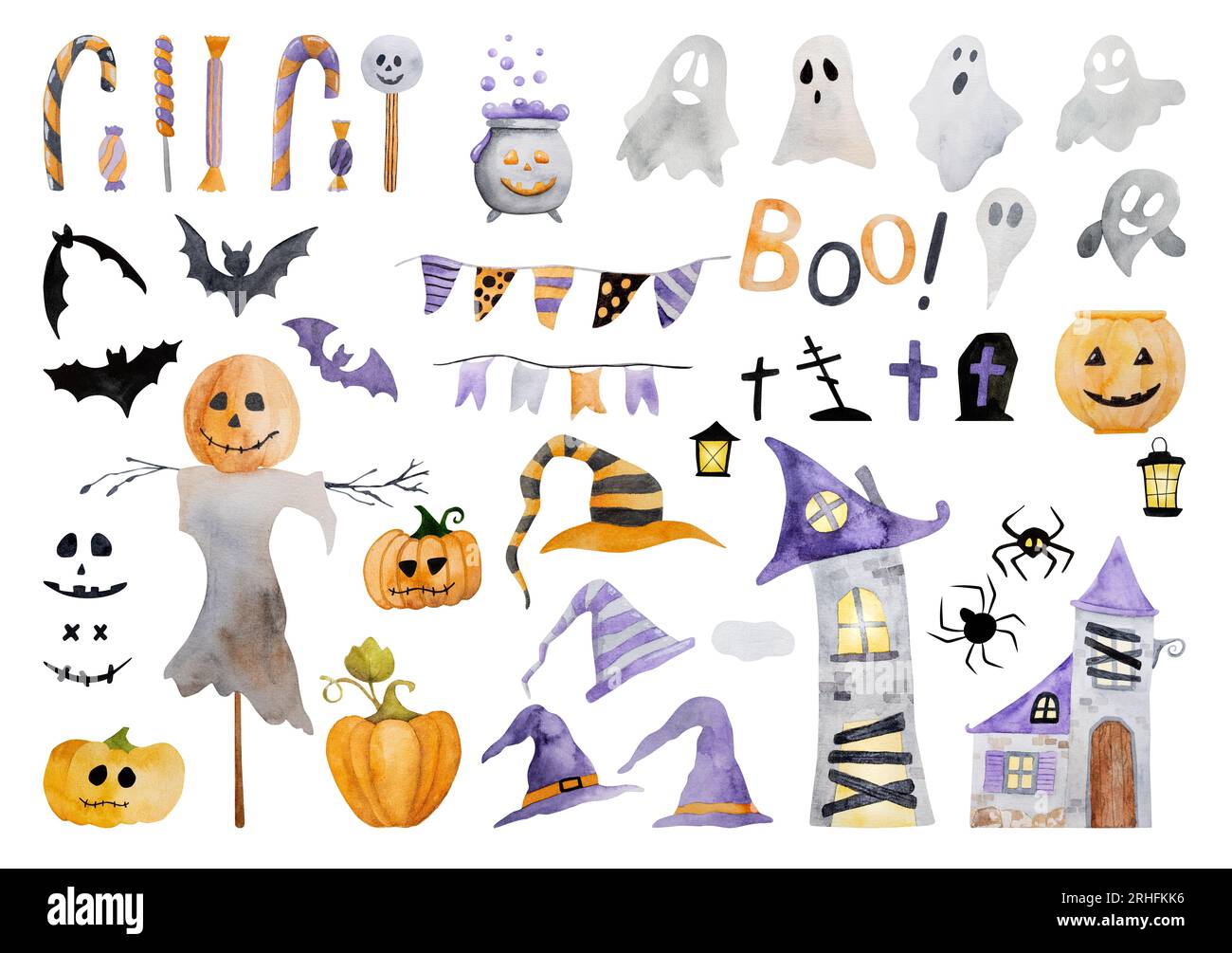 Halloween watercolor paintings wih ghosts, bats and pumpkins. Autumn ...