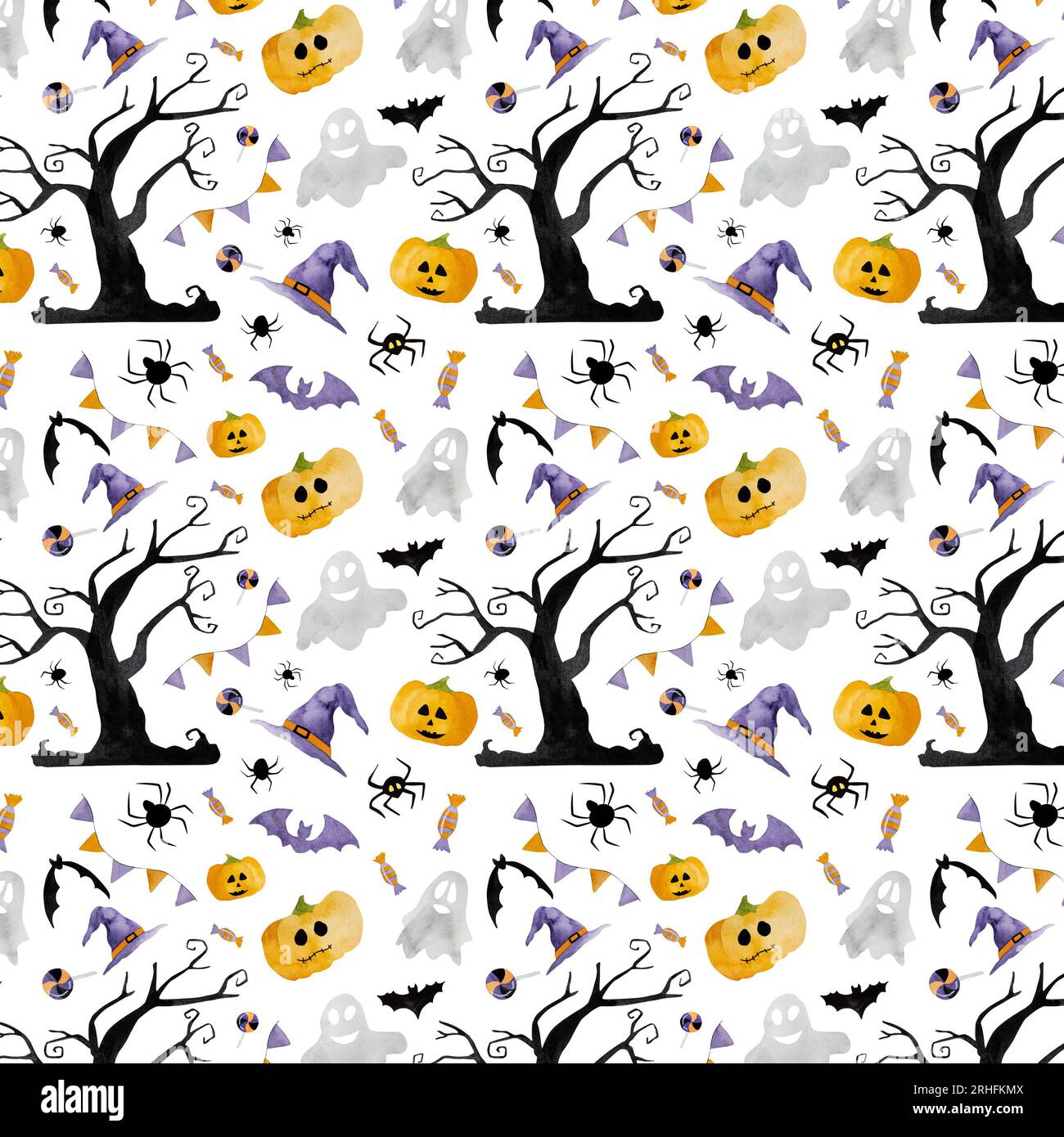 Halloween watercolor illustration wih ghosts, bats and pumpkins. Autumn ...