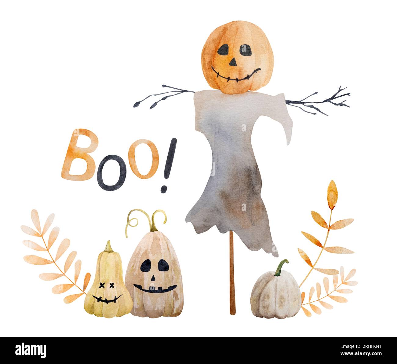 Halloween spooky scarecrow with pumpkin head and boo text watercolor ...